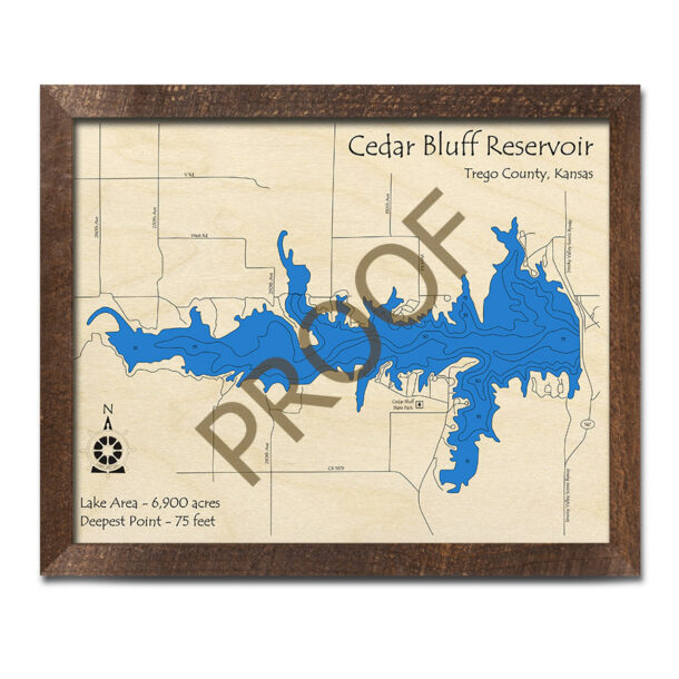 Cedar Bluff Reservoir, Kansas 3D Wood Map | Laser-etched Nautical Wall Art