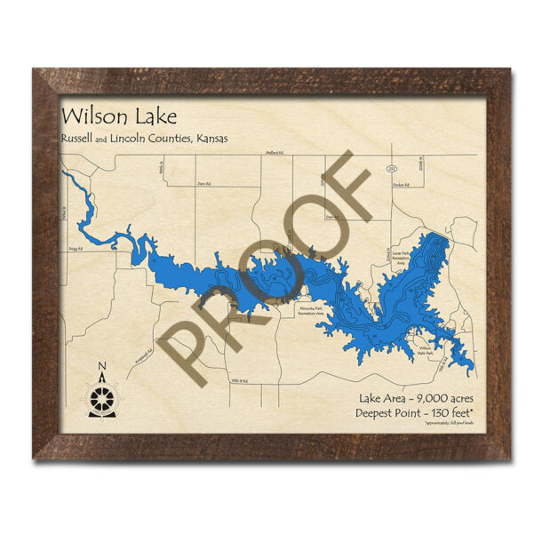 Wilson Lake, Kansas 3D Wood Map | Laser-etched Nautical Wall Art