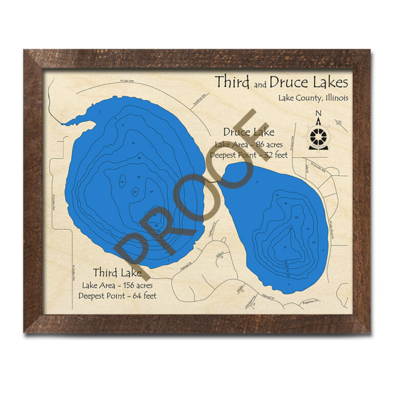 Third Lake - Druce Lake, Illinois 3D Wood Map | Laser-etched Nautical ...