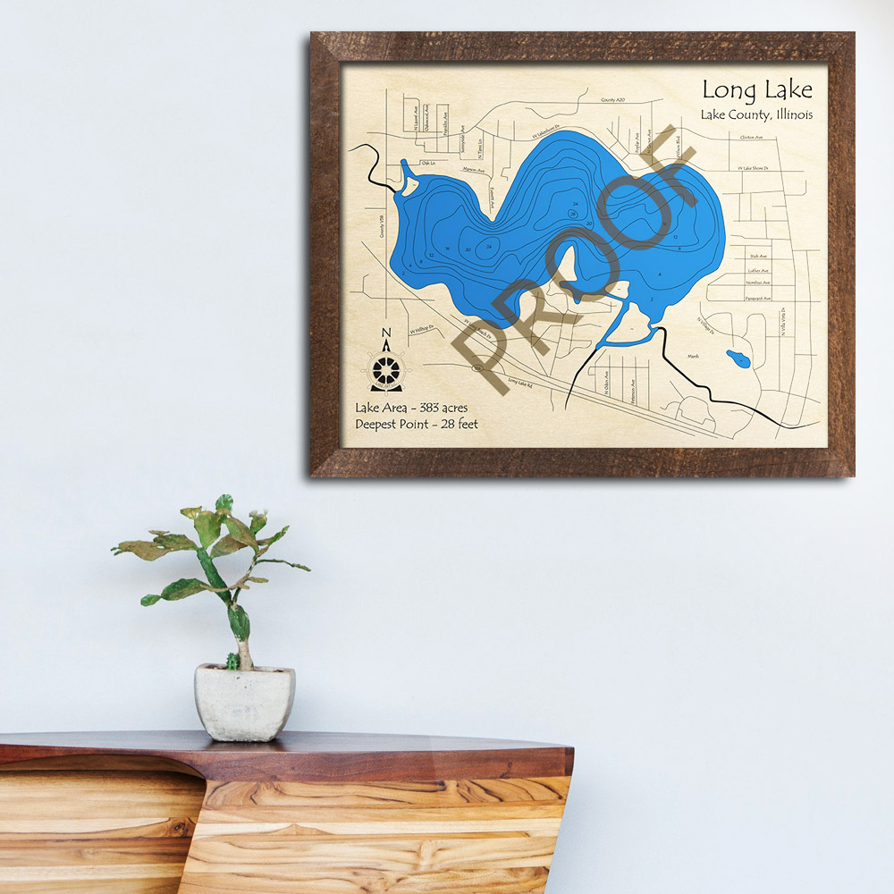 Long Lake, Illinois 3D Wood Map | Laser-etched Nautical Wall Art