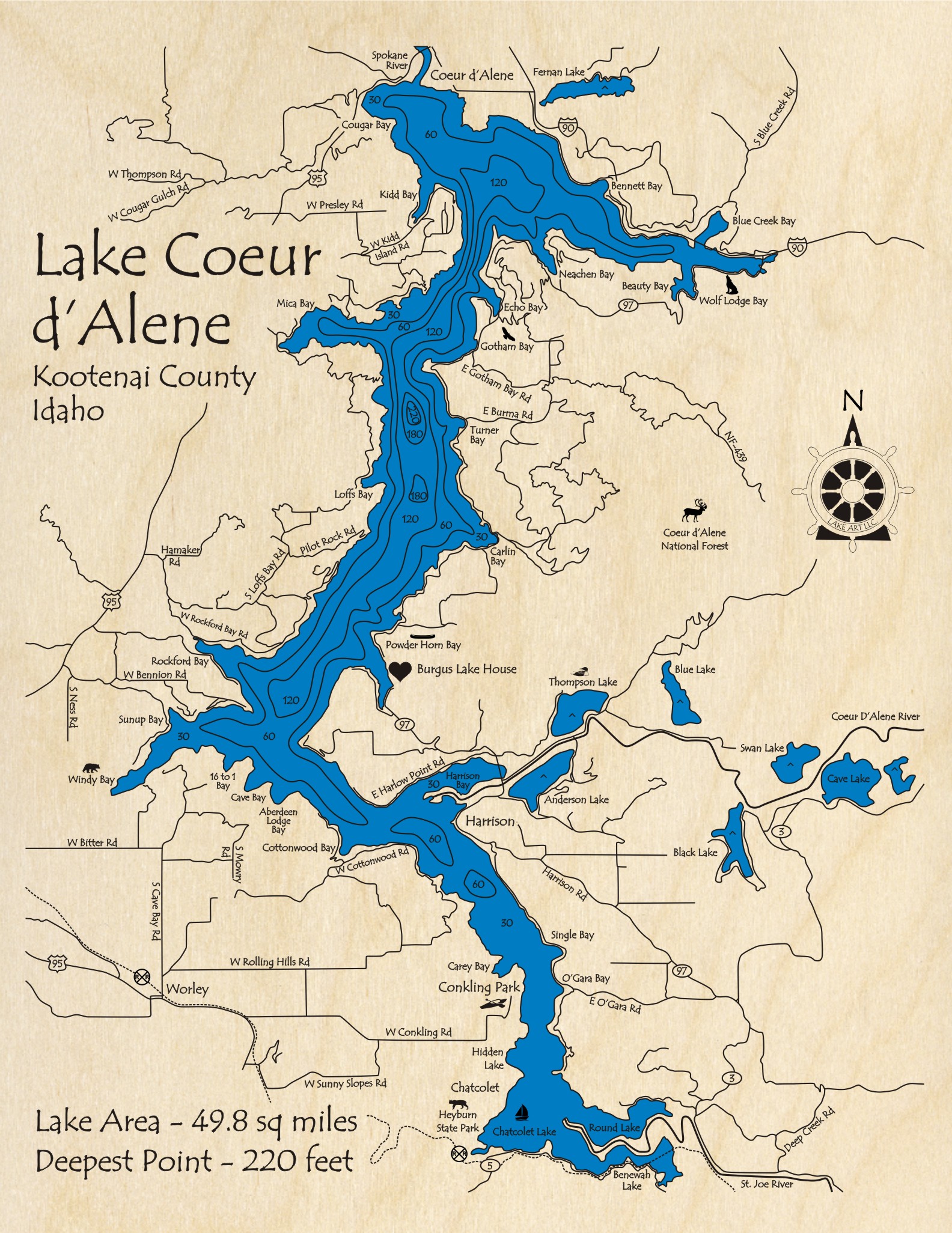 Lake Coeur d'Alene, ID - 3D Wood Map, Custom Nautical Map Art