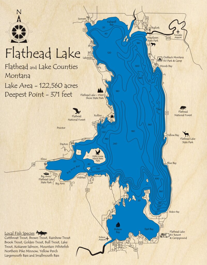 Flathead Lake, MT- 3D Wood Map, Custom Lake Map Artwork