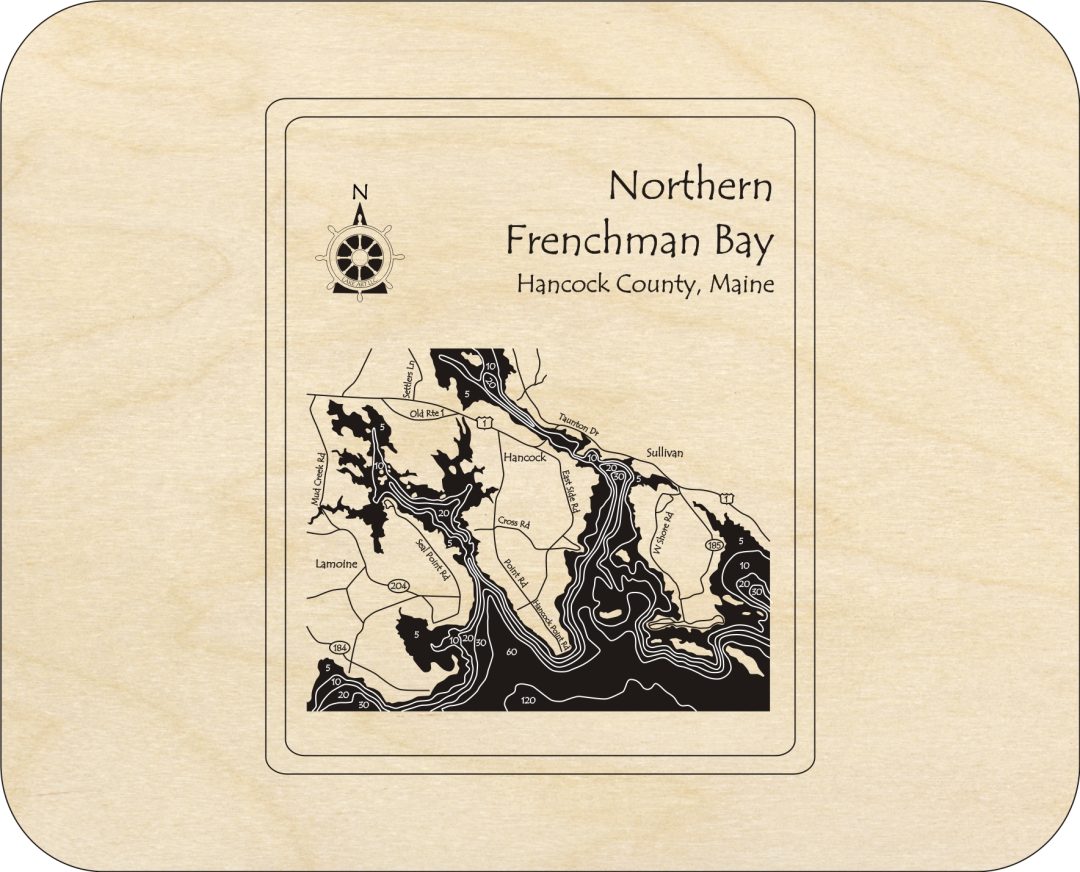 Northern Frenchman Bay, Maine 3D Wood Map | Laser-etched Nautical Decor