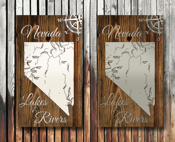 Nevada Lakes & Rivers Wood Map | Burnt Laser Carved Wall Map