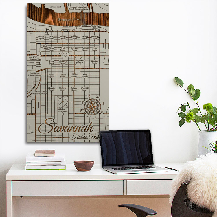 Savannah GA Historic District Wood Map | Burnt Laser Carved Wall Sign