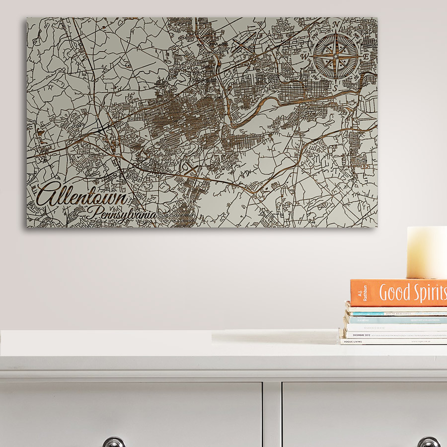 Allentown PA Wooden Street Map | Burnt Laser-Carved Wall Map