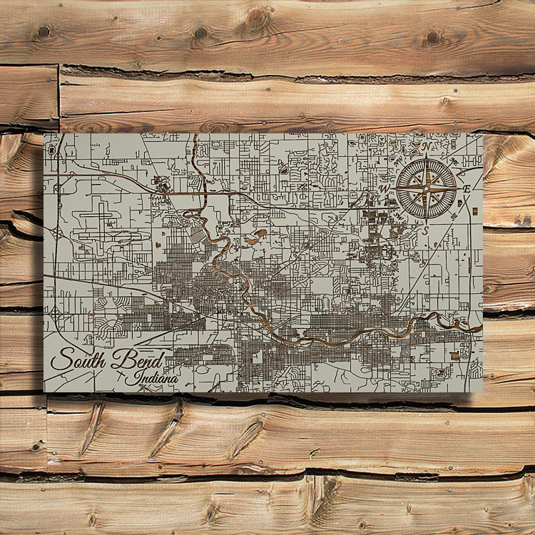 South Bend, Indiana Wooden Map | Burnt Laser-Cut Wall Map
