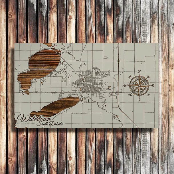 Watertown, South Dakota Wooden Map | Burnt Laser-Cut Wall Map