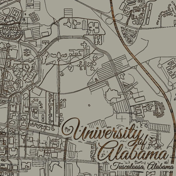 University of Alabama Wooden Street Map | Burnt Laser-Cut Wall Map