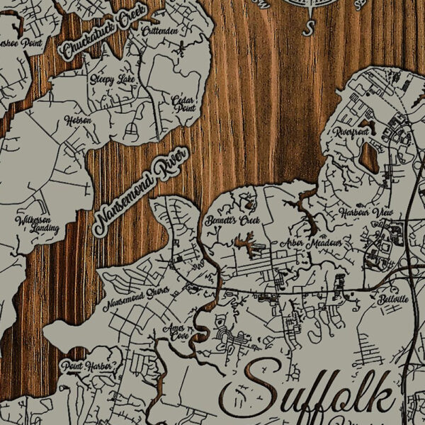 North Suffolk, VA Wooden Map | Burnt Laser-Cut Wall Map