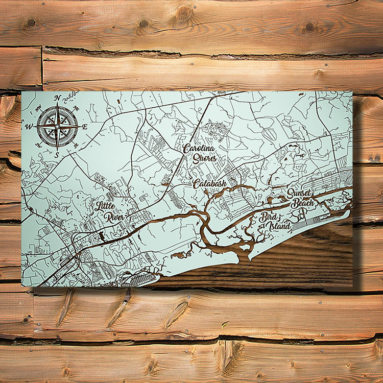 Little River, South Carolina Wooden Map | Burnt Laser-Cut Wall Map