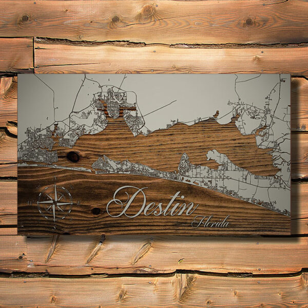 Destin, FL Wooden Street Map | Burnt Laser-Cut Wall Map