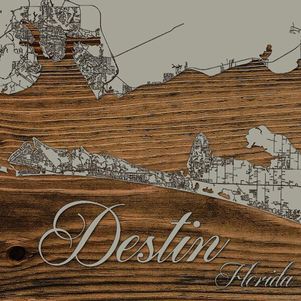 Destin, FL Wooden Street Map | Burnt Laser-Cut Wall Map