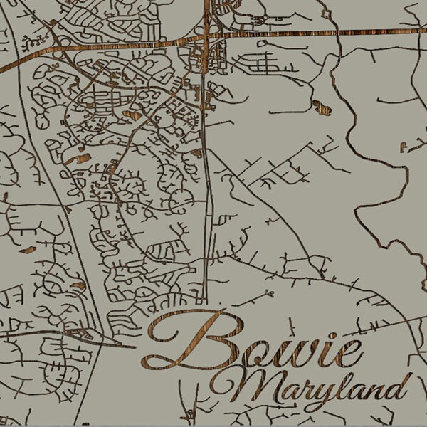Bowie, Maryland Wooden Street Map | Burnt Laser-Cut Wall Map