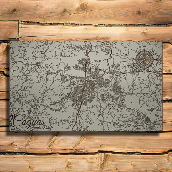 Caguas, Puerto Rico Wooden Street Map | Burnt Laser-Cut Wall Map