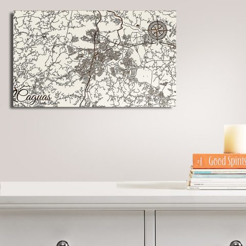 Caguas, Puerto Rico Wooden Street Map | Burnt Laser-Cut Wall Map