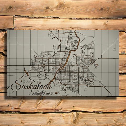 Saskatoon, Saskatchewan Wooden Street Map | Burnt Laser-Cut Wall Map