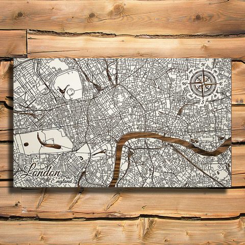 London, England Wooden Street Map | Burnt Laser-Cut Wall Map