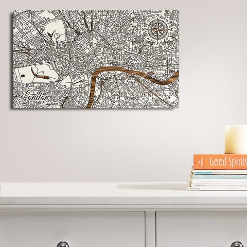 London, England Wooden Street Map | Burnt Laser-Cut Wall Map