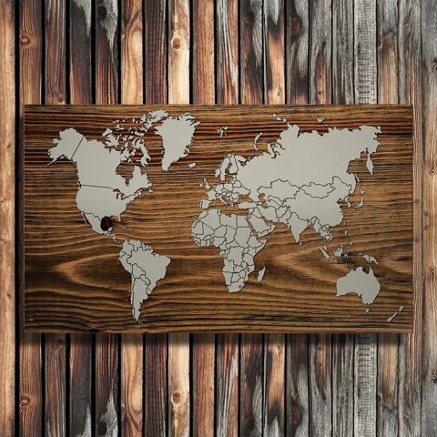 Wooden World Map | Burnt Laser-Cut Wall Map