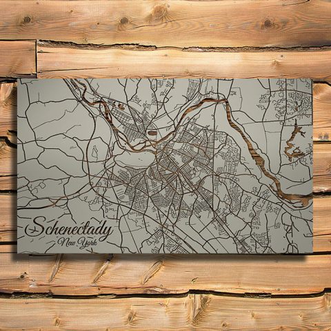 Schenectady, NY Wooden Street Map | Burnt Laser-Cut Wall Map