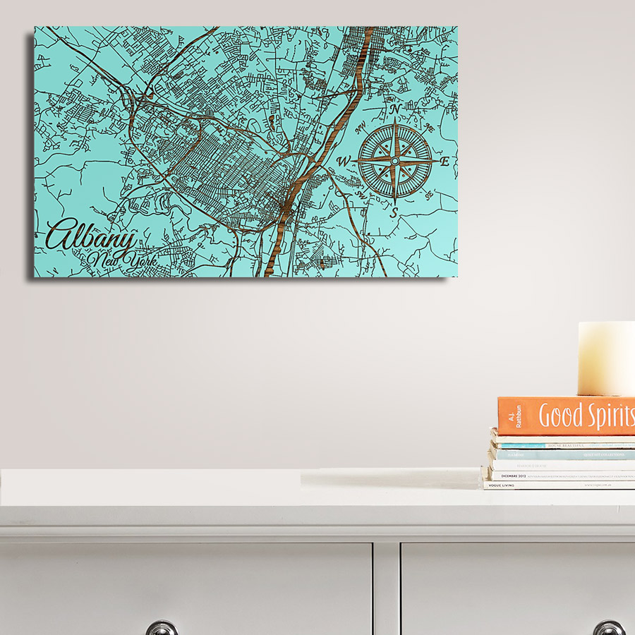 Albany, NY Wooden Street Map | Burnt Laser-Cut Wall Map