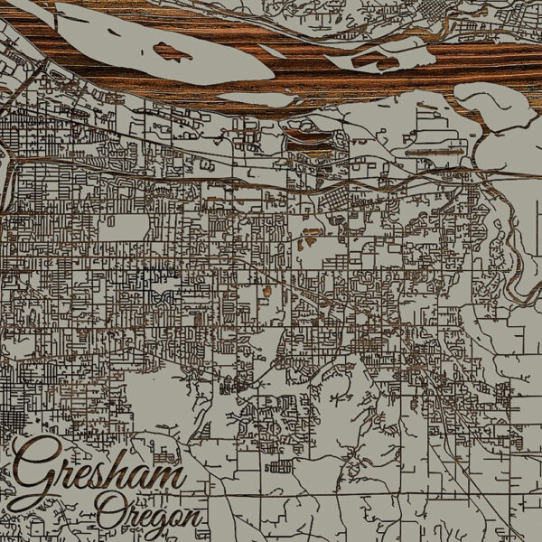 Gresham, Oregon Wooden Street Map | Burnt Laser-Cut Wall Map