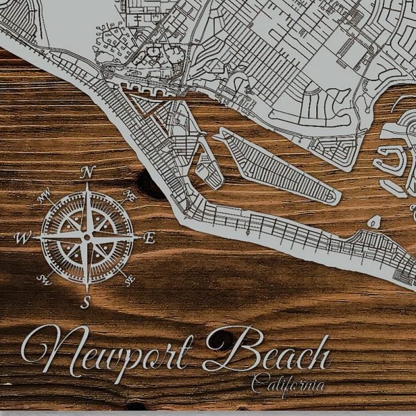 Newport Beach, CA Wooden Street Map | Burnt Laser-Cut Wall Map