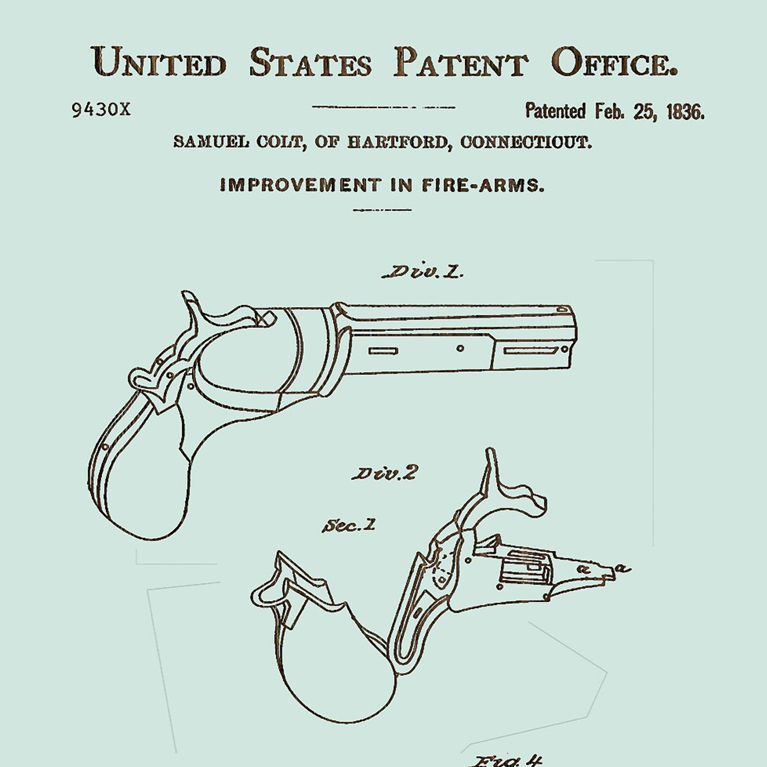 Colt Firearm Patent Art Wooden Sign | Laser Engraved Wall Art