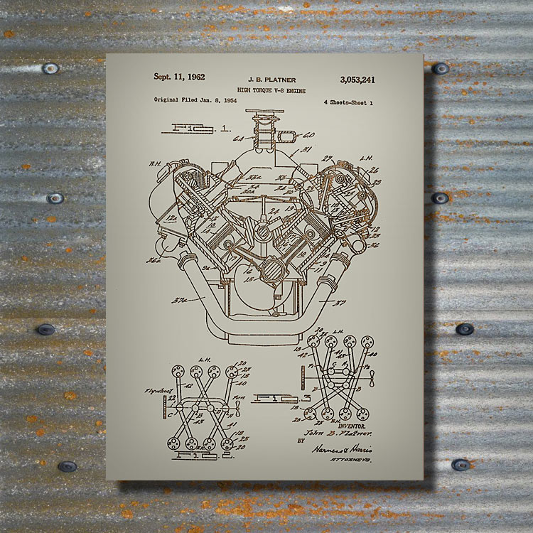 High Torque V-8 Engine Patent Art Wooden Sign | Laser Engraved Wall Art