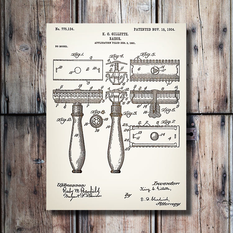 Gillette Shaving Razor Patent Art Wooden Sign | Laser Engraved Wall Art