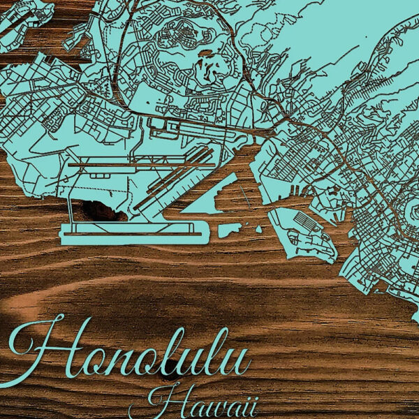 Honolulu, HI Wooden Street Map | Burnt Laser-Cut Wall Map