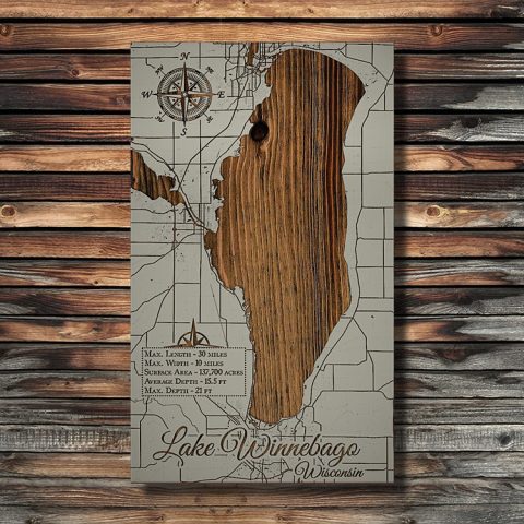 Lake Winnebago, WI Wooden Map | Burnt Laser-Cut Wall Map