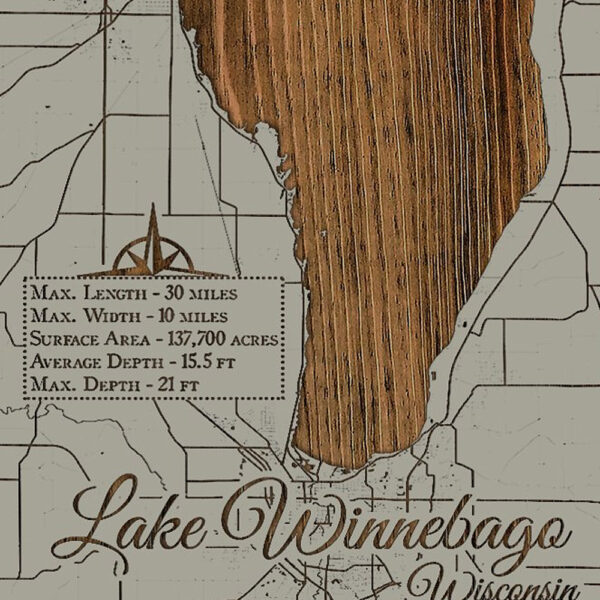 Lake Winnebago, WI Wooden Map | Burnt Laser-Cut Wall Map