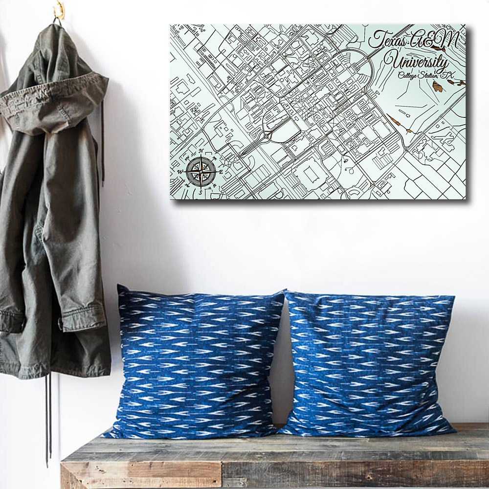 Texas A&M University Wooden Campus Map | Burnt Laser-Cut Wall Map