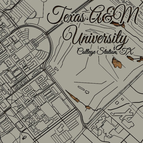Texas A&M University Wooden Campus Map | Burnt Laser-Cut Wall Map