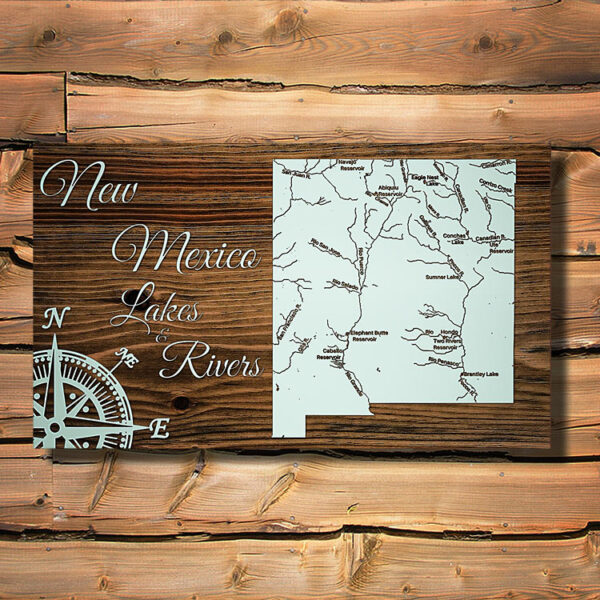 State of New Mexico Lakes & Rivers Wooden Map | Burnt Laser-Cut Wall Map