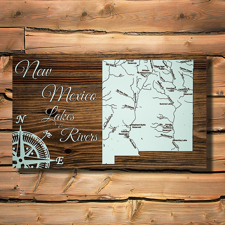 State of New Mexico Lakes & Rivers Wooden Map | Burnt Laser-Cut Wall Map