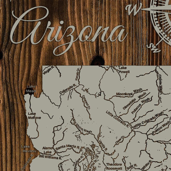 Arizona Lakes & Rivers Wooden Map | Burnt Laser-Cut Wall Map