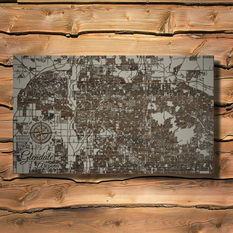 Glendale, AZ Wooden Street Map | Burnt Laser-Cut Wall Map