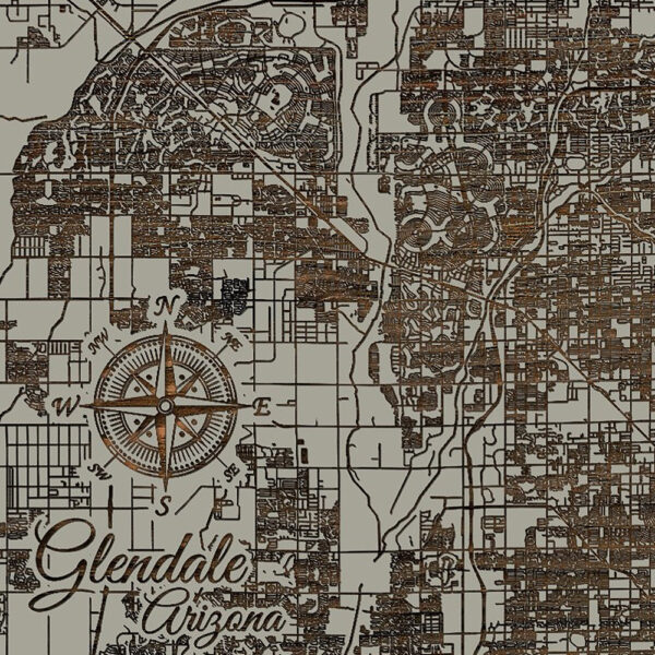 Glendale, AZ Wooden Street Map | Burnt Laser-Cut Wall Map