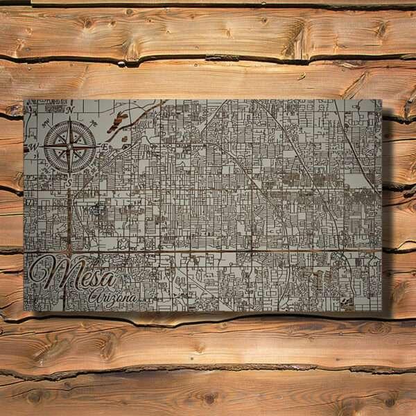 Mesa, AZ Wooden Street Map | Burnt Laser-Cut Wall Map