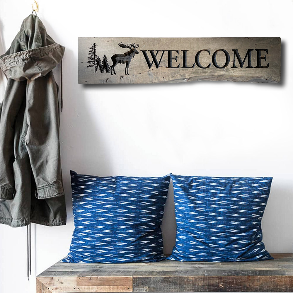 Carved Wood Welcome Sign | Moose Art "Welcome" 7" x 36"