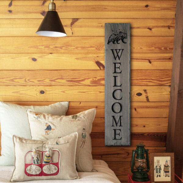 Carved Wood Welcome Sign, Vertical | Bear Art "Welcome" 7" x 36"