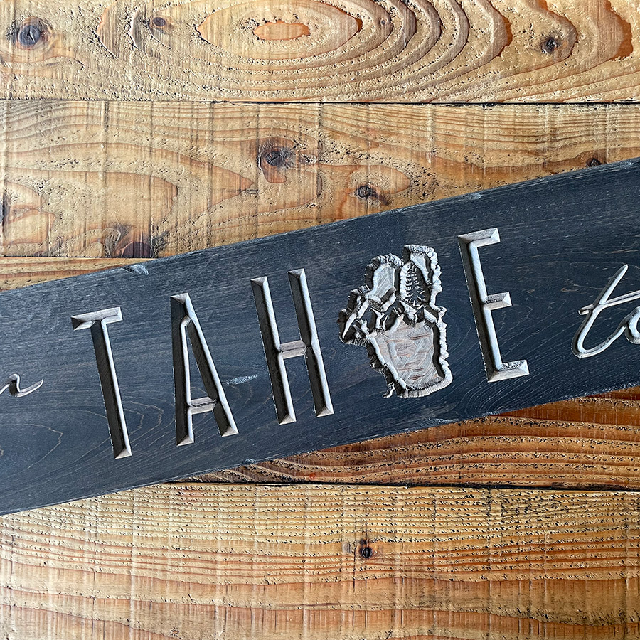 Wooden Lake Tahoe Carved Sign | "On Tahoe Time" Lake House Décor 7" x 36"