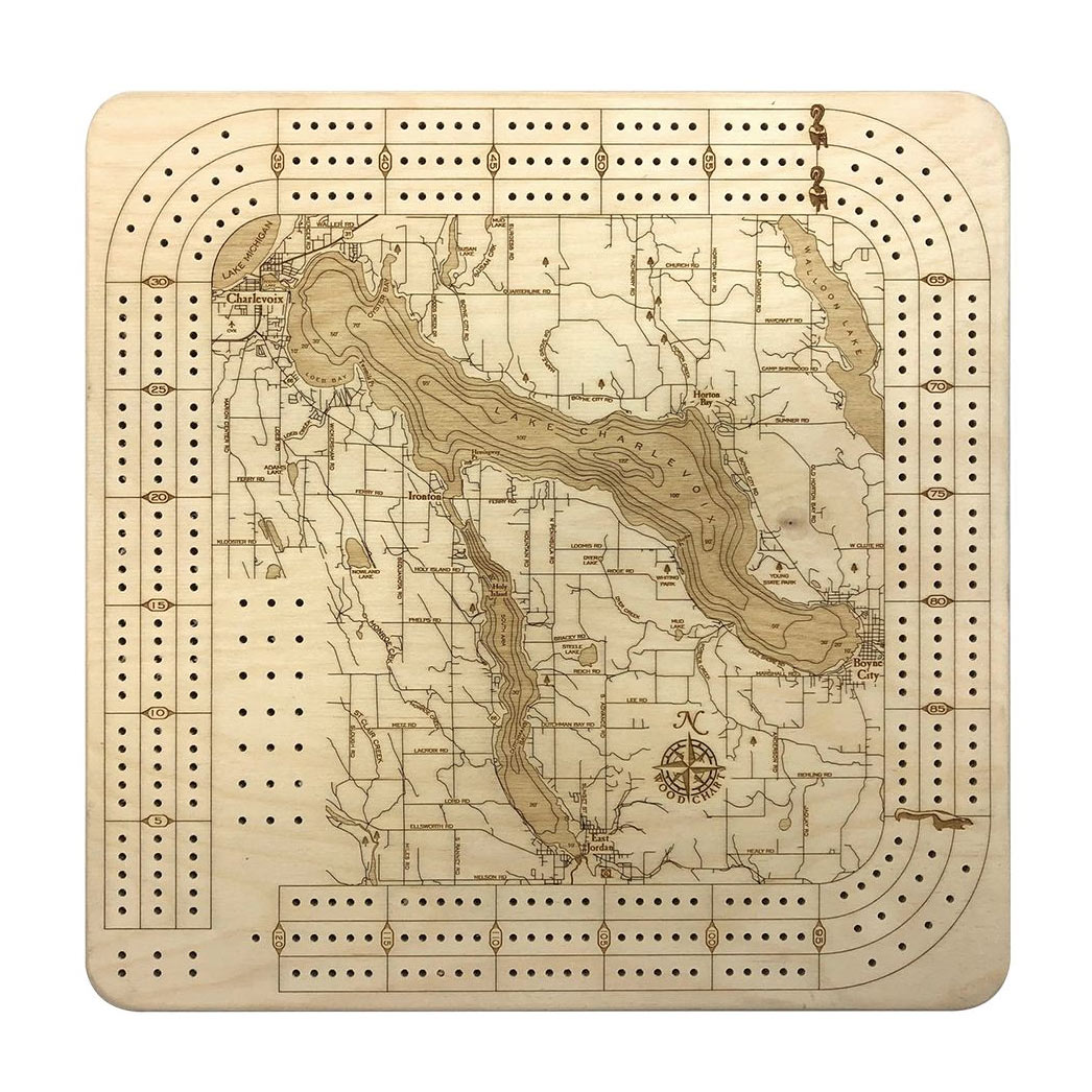 Charlevoix, MI Nautical Wood Cribbage Board, 14" x 14"