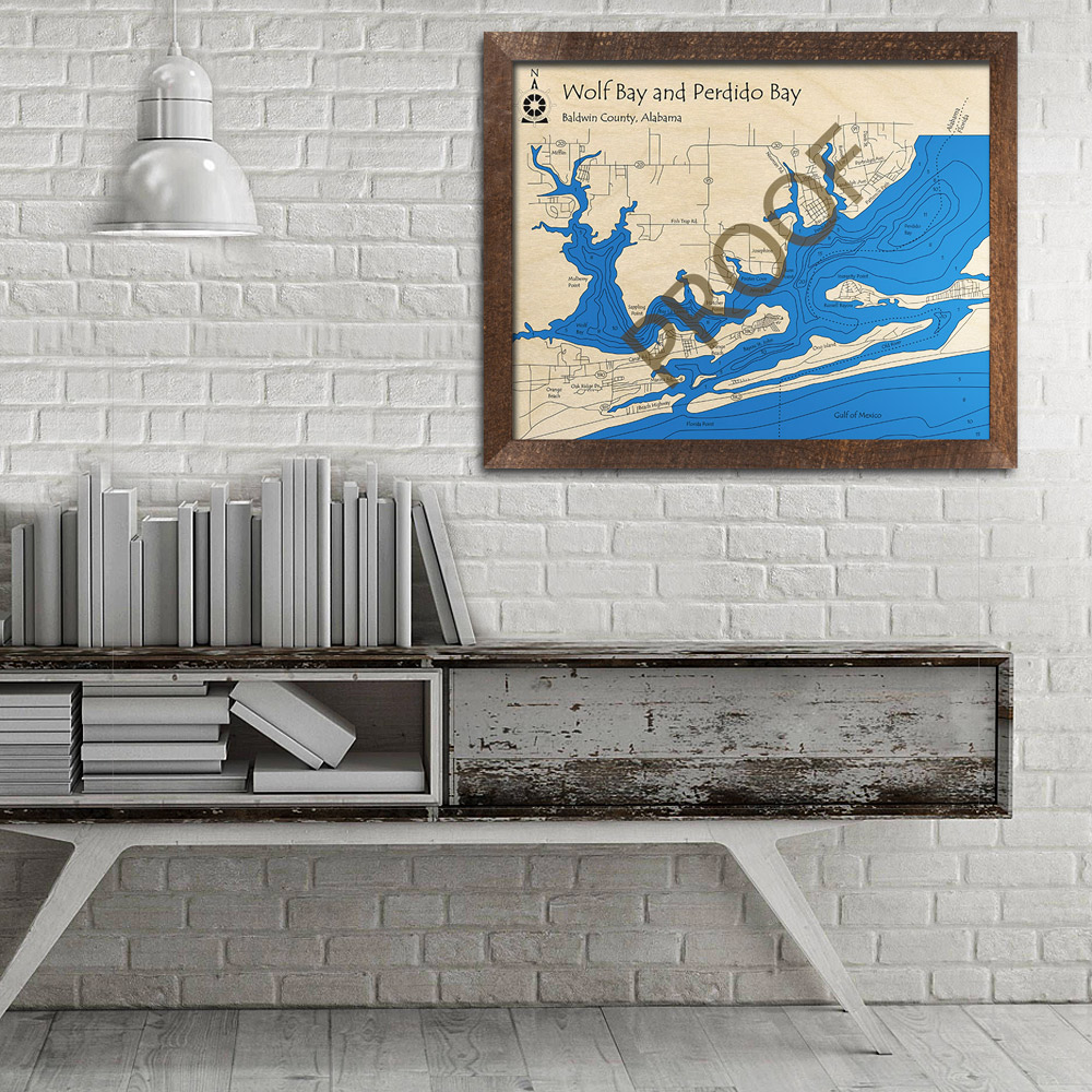 Wolf Bay - Perdido Bay, 3D Wood Map, AL / FL, Nautical Wood Chart