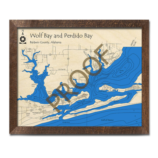 Wolf Bay - Perdido Bay, 3D Wood Map, AL / FL, Nautical Wood Chart