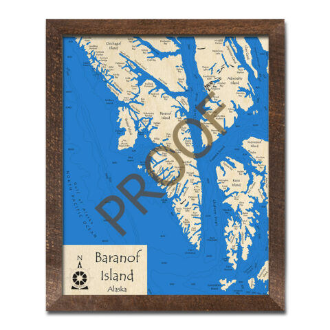Baranof Island 3D Wood Map, Alaska, Nautical Wood Chart