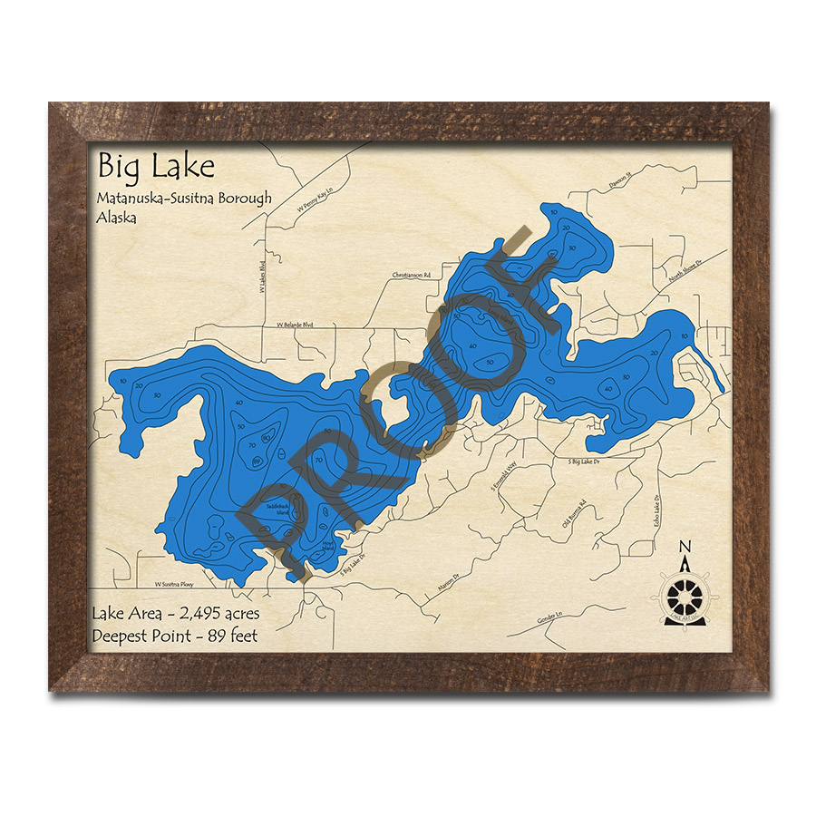 Big Lake, Alaska 3D Wood Map, Nautical Wood Chart
